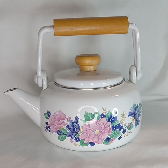 Kitchen | Vintage Enameled White And Pink Floral Tea Kettle With Wooden ...